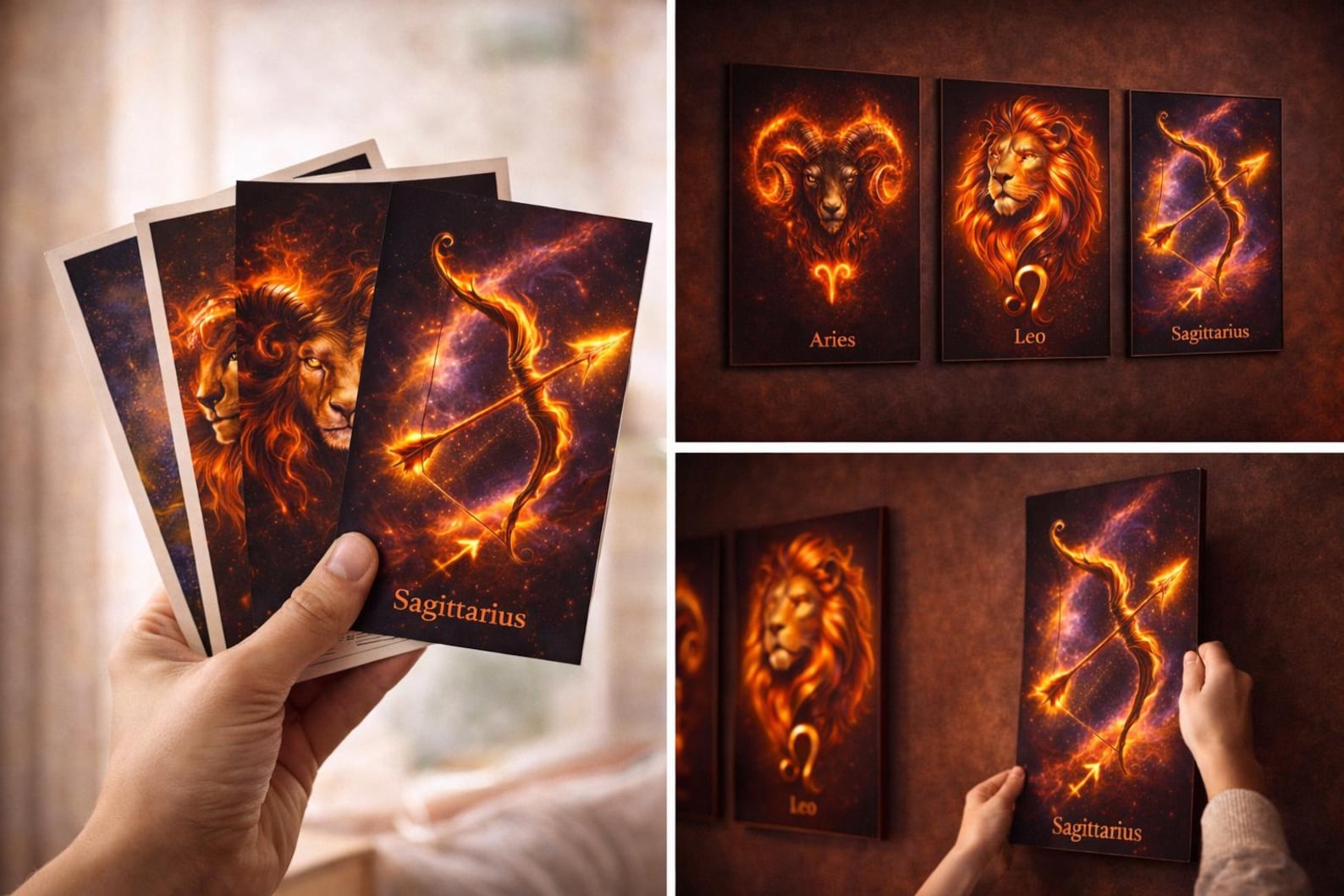 Fire Zodiac Wall Art Set, Aries Leo Sagittarius, Mystical Astrology ...