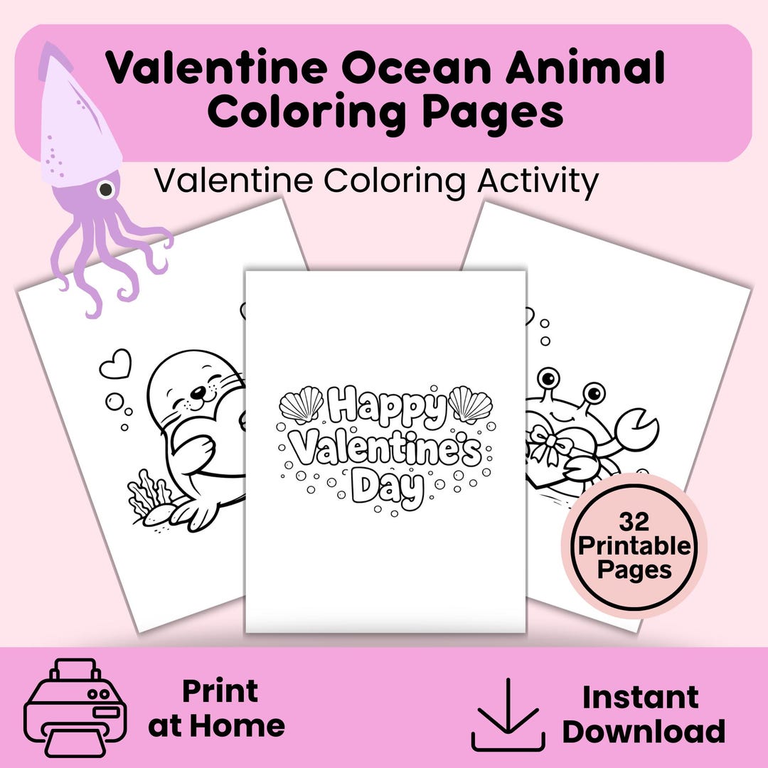 Valentine Ocean Animals Coloring Pages | 32 Sea Life Sheets (digital ...