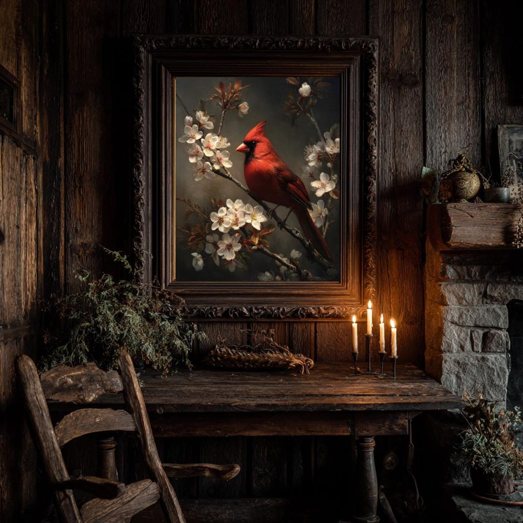Vintage Cardinal Art Painting, Victorian Era Bird Wall Decor, Classical ...