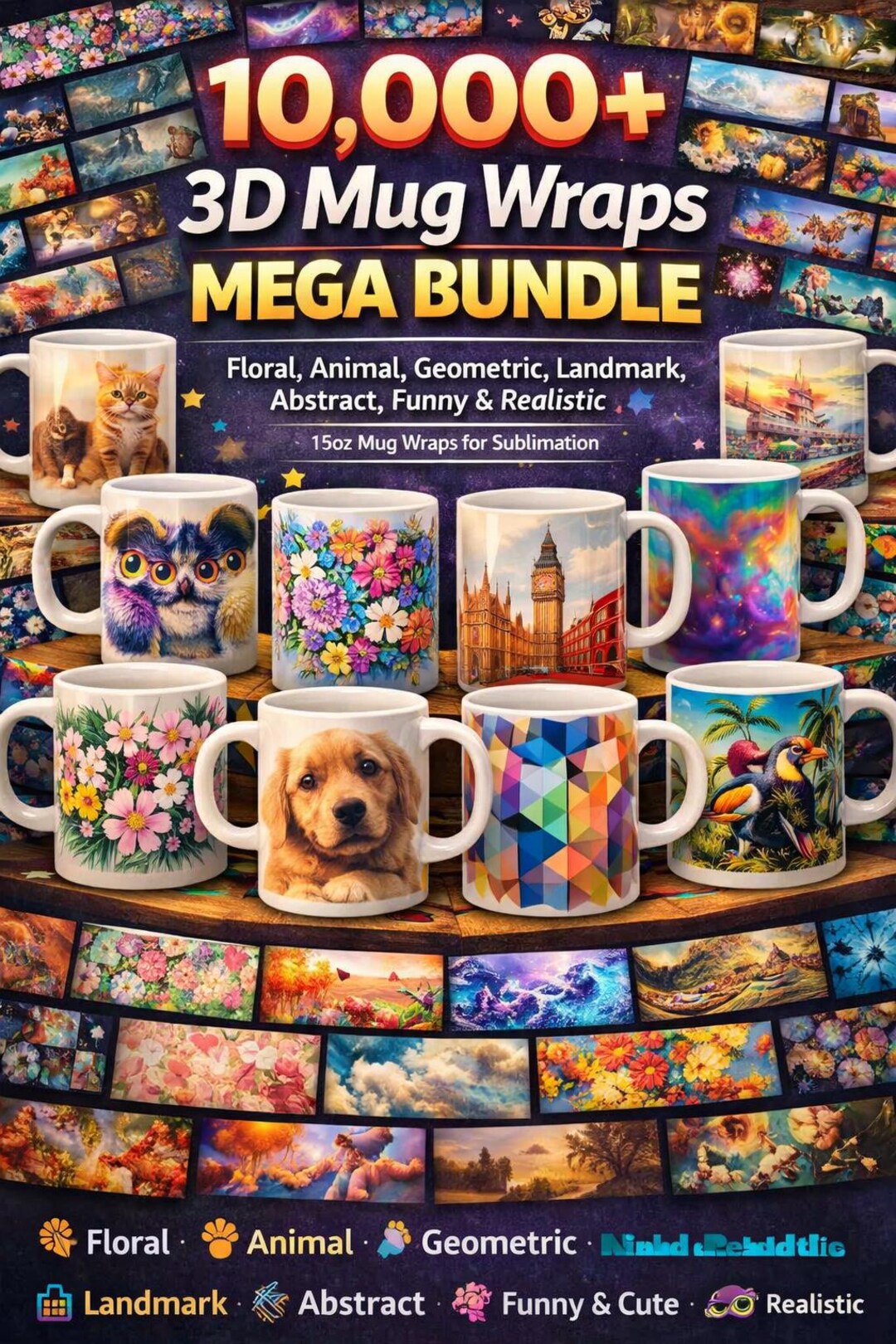 10,000+ 3D Mug Wraps Mega Bundle, Floral, Animal, Geometric, Landmark ...