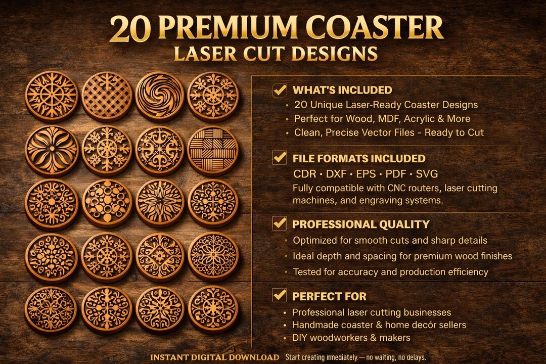 20 Premium Coaster Laser Cut Designs Bundle Cnc Laser Files Svg Dxf Eps ...
