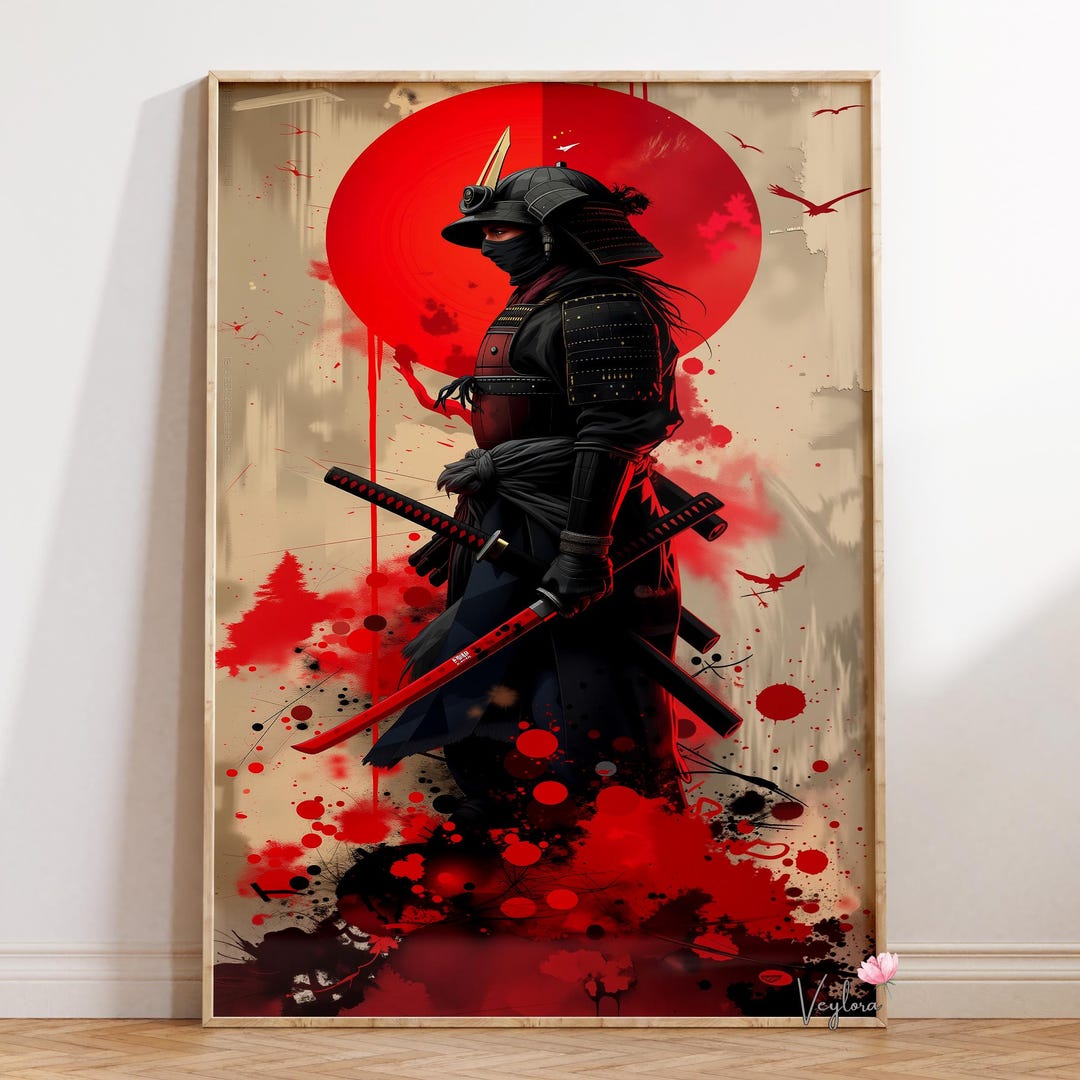 Lone Samurai Red Sun Wall Art, Japanese Ink Splash Print, Digital ...