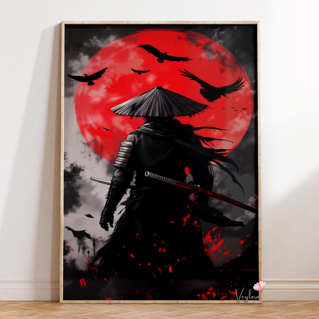 Samurai Warrior Red Sun Art Print, Japanese Ronin Raven Silhouette ...