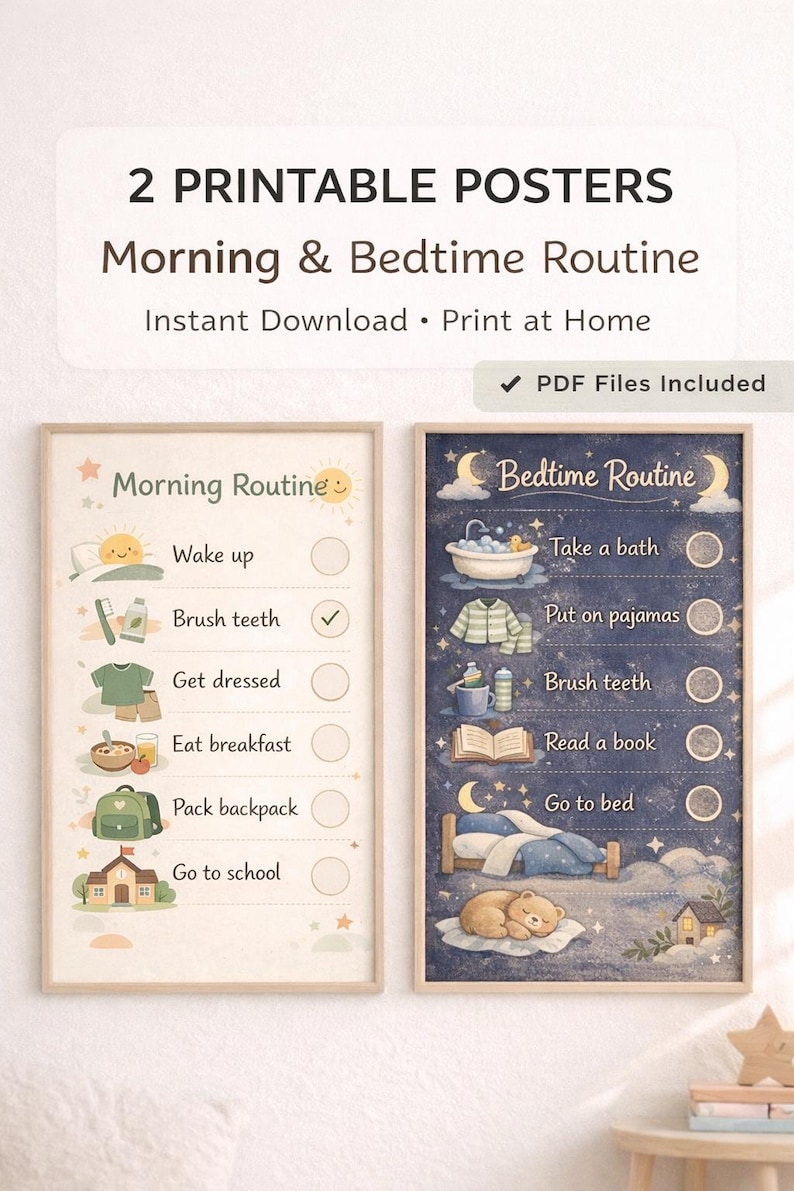 Kids Morning Bedtime Routine Chart, Visual Schedule, Toddler Daily ...