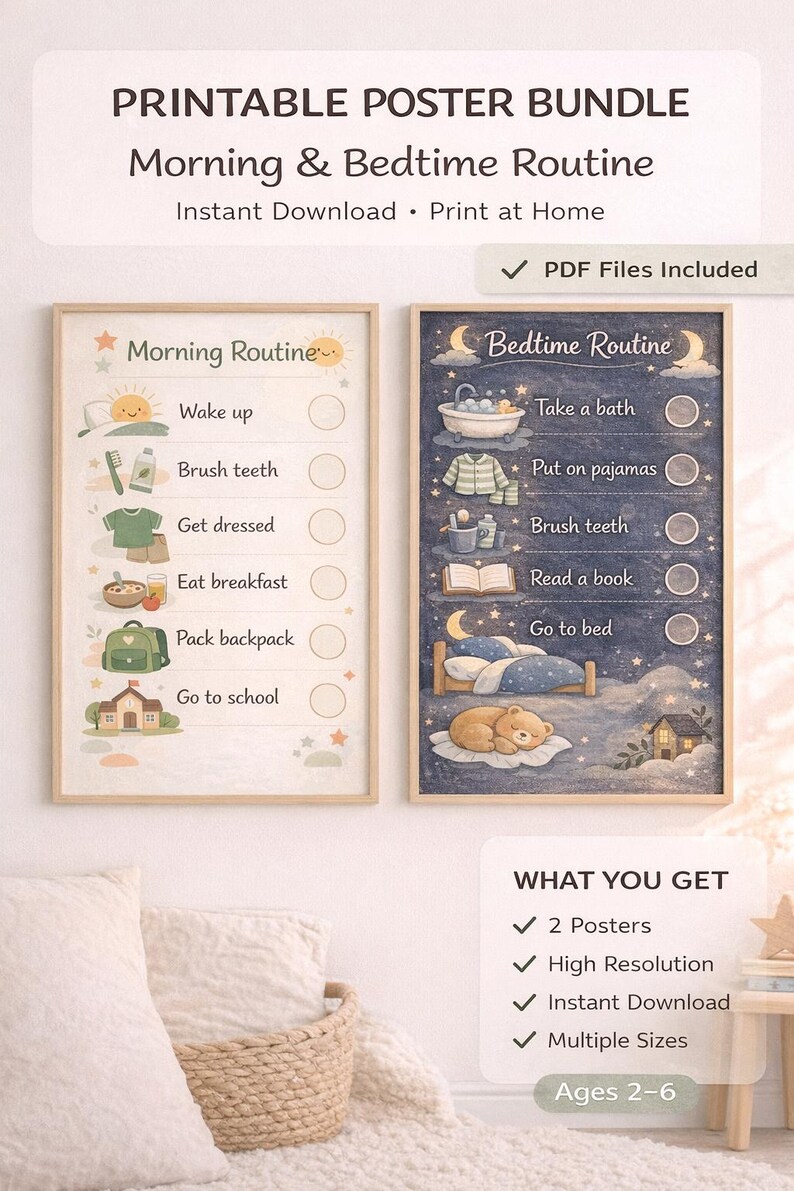Kids Morning Bedtime Routine Chart, Visual Schedule, Toddler Daily ...