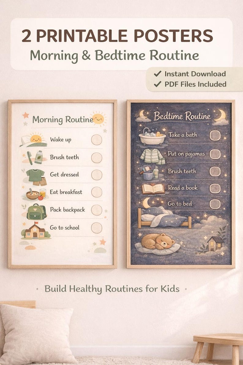 Kids Morning Bedtime Routine Chart, Visual Schedule, Toddler Daily ...
