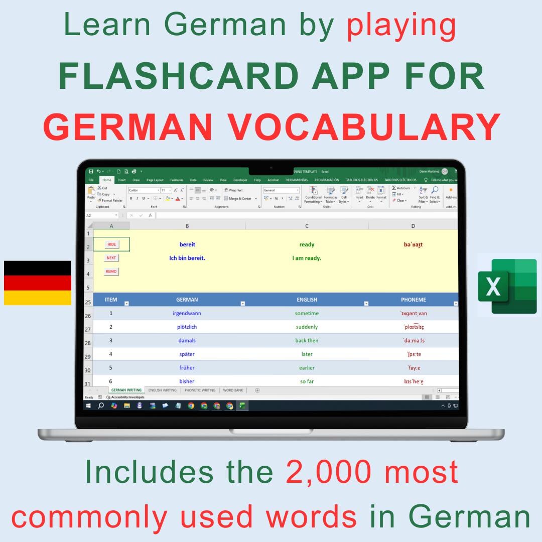 German Vocabulary Flashcards | Excel App | Learn 2,000 Most Common ...
