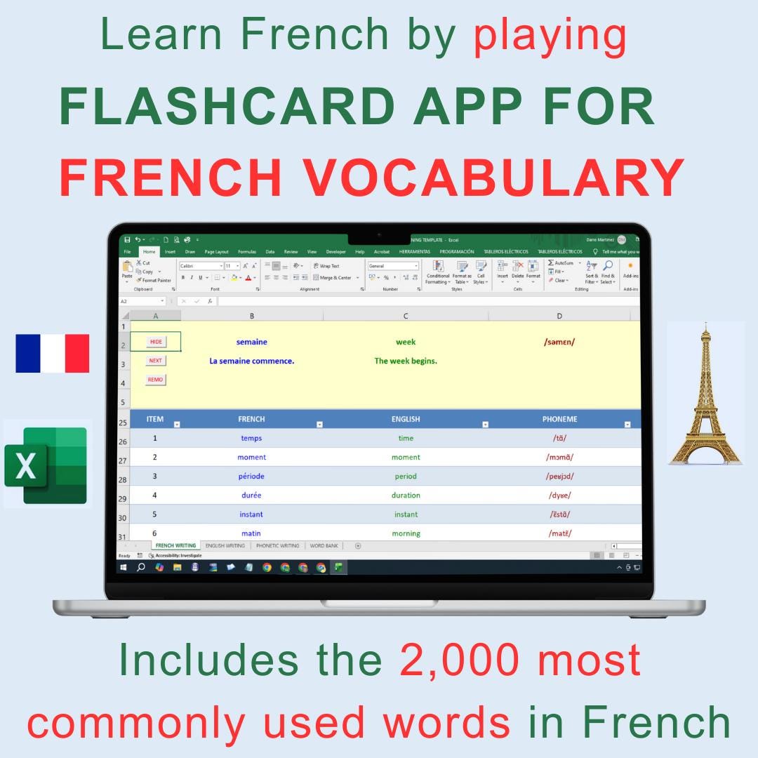 French Vocabulary Flashcards | Excel App | Learn 2,000 Most Common ...