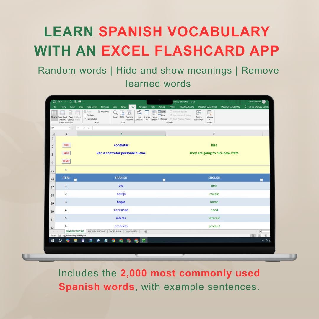 Spanish Vocabulary Flashcards in Excel | Learn 2000 Spanish Words - Etsy