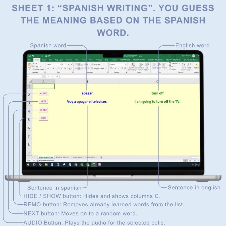 1000 Spanish Words Flashcards | Excel Language Learning Tool | Latin ...
