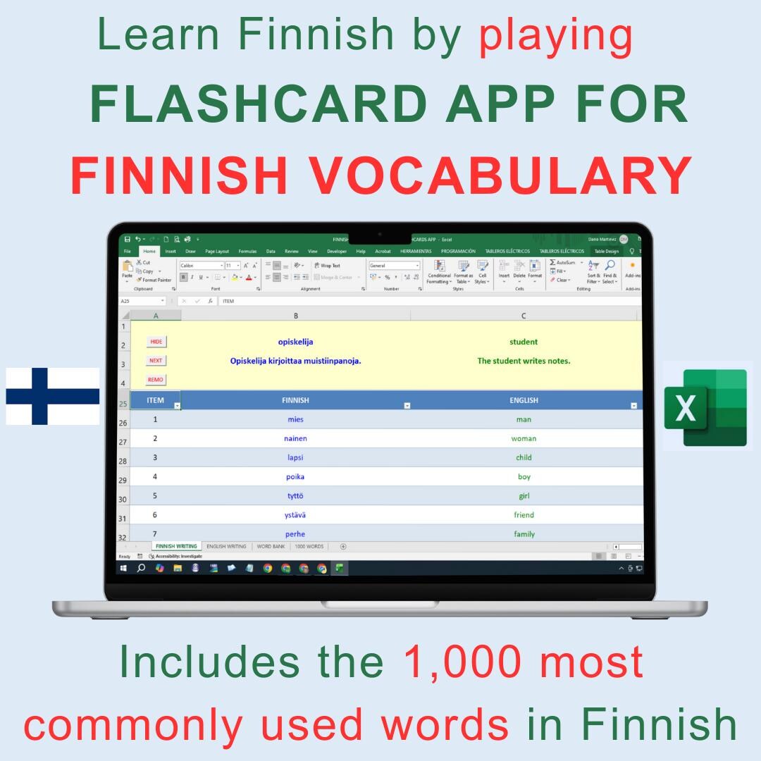 Finnish Vocabulary Flashcards | Excel App | 1,000 Most Common Finnish ...