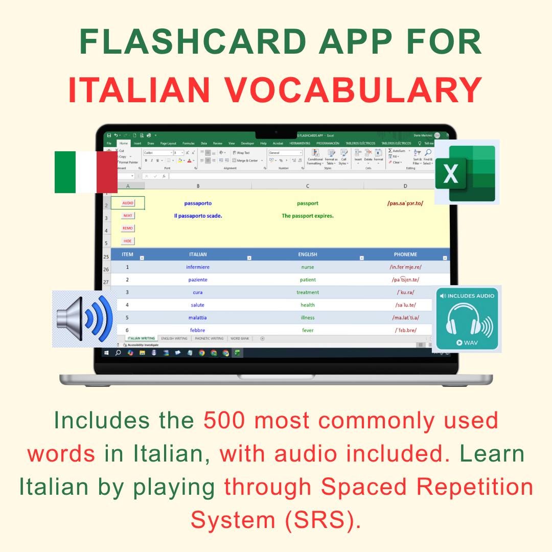 Italian Vocabulary Flashcards With Audio | Excel App | 500 Most Common ...