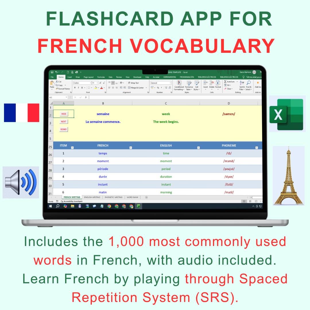 French Vocabulary Flashcards With Audio | Excel App | 1,000 Most Common ...