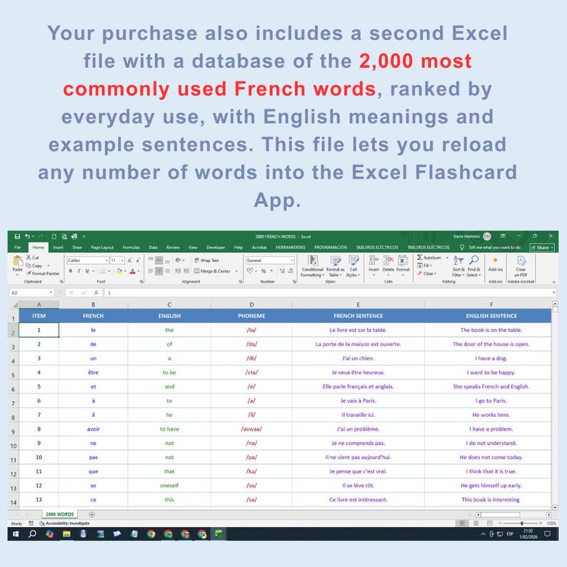 French Vocabulary Flashcards | Excel App | Learn 2,000 Most Common ...
