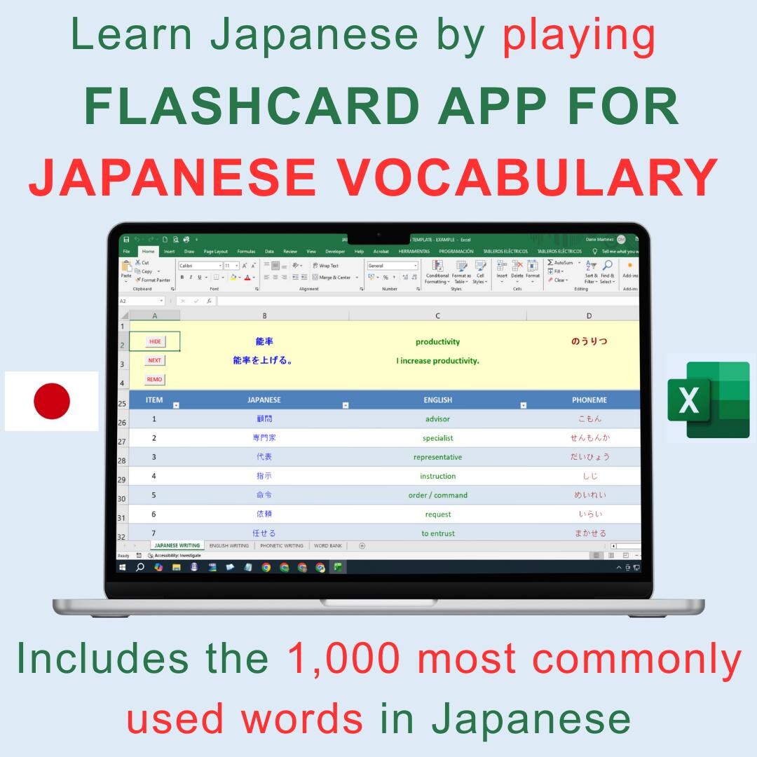 Japanese Vocabulary Flashcards | Excel App | 1,000 Most Common Japanese ...