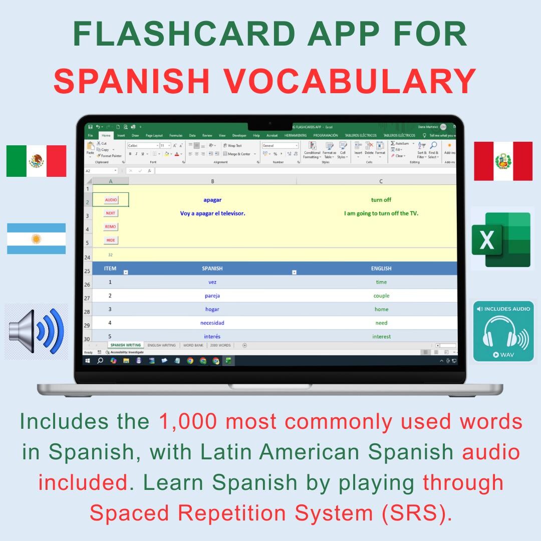1000 Spanish Words Flashcards | Excel Language Learning Tool | Latin ...