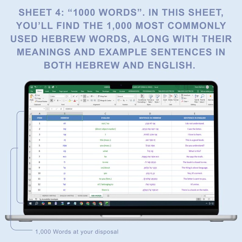 Hebrew Vocabulary Flashcards | Excel App | 1,000 Most Common Hebrew ...