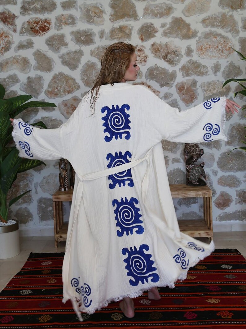 Blue Waterway Pattern Kimono Robe – Handmade White Turkish Cotton ...