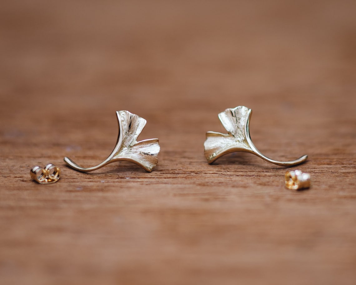 18K Solid Gold Gingko Mini Earrings Ginkgo Jewelry Made | Etsy
