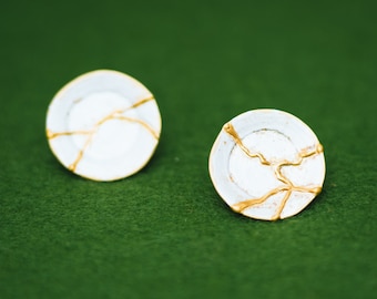 Japanese Kintsugi Small Earrings Plates Silver Gold | Etsy