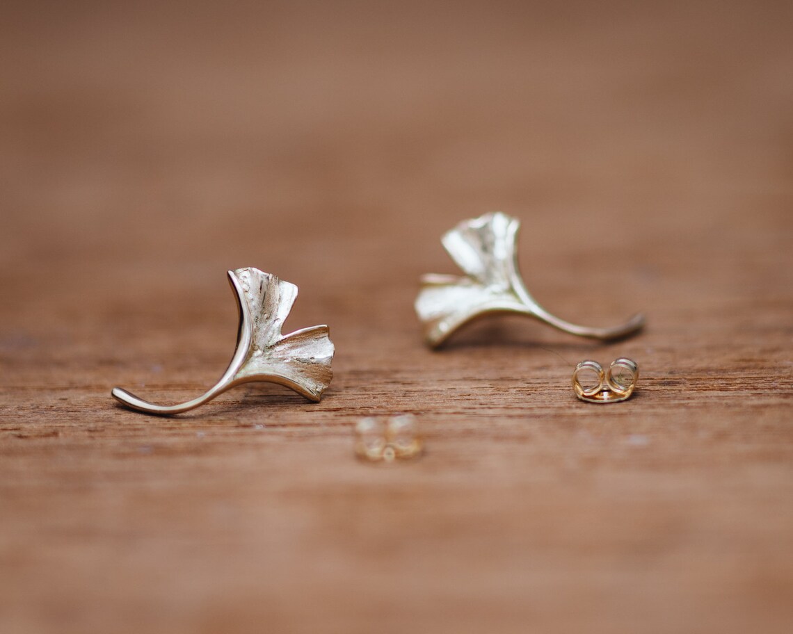 18K Solid Gold Gingko Mini Earrings Ginkgo Jewelry Made | Etsy