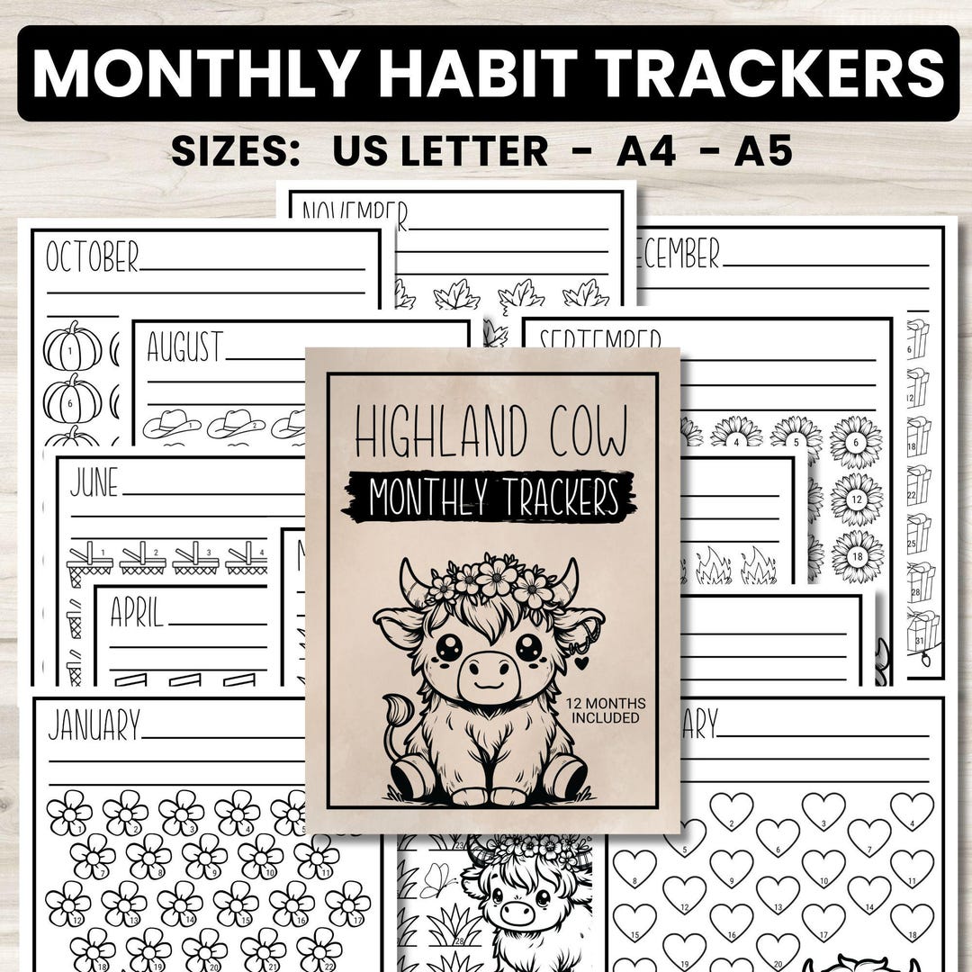 Highland Cow Monthly Tracker Printables for Kids and Adults, Goal Habit ...