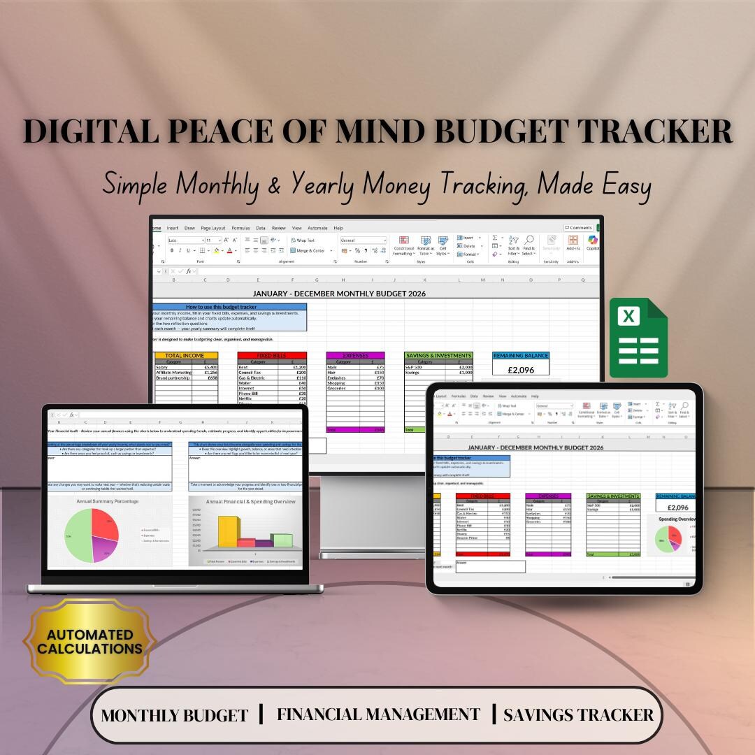 Digital Peace of Mind Budget Planner 2026 | Simple Monthly & Yearly ...
