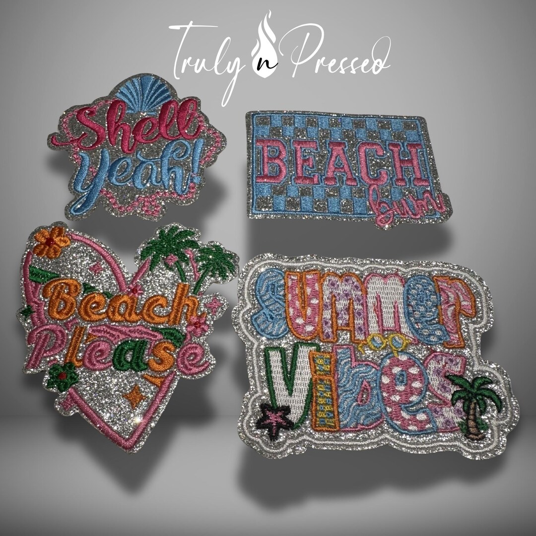 Beach Glitter Iron on Patches – Summertime Embroidered Appliqués Truly ...
