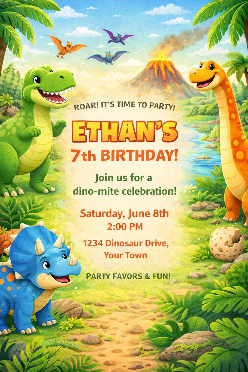 Editable Dinosaur Birthday Invitation | Canva Template | Instant ...