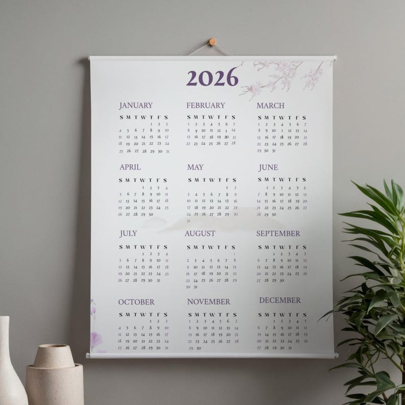 2026 Wall Calendar Sunday Start Printable Pink Purple Pastel Full Year ...