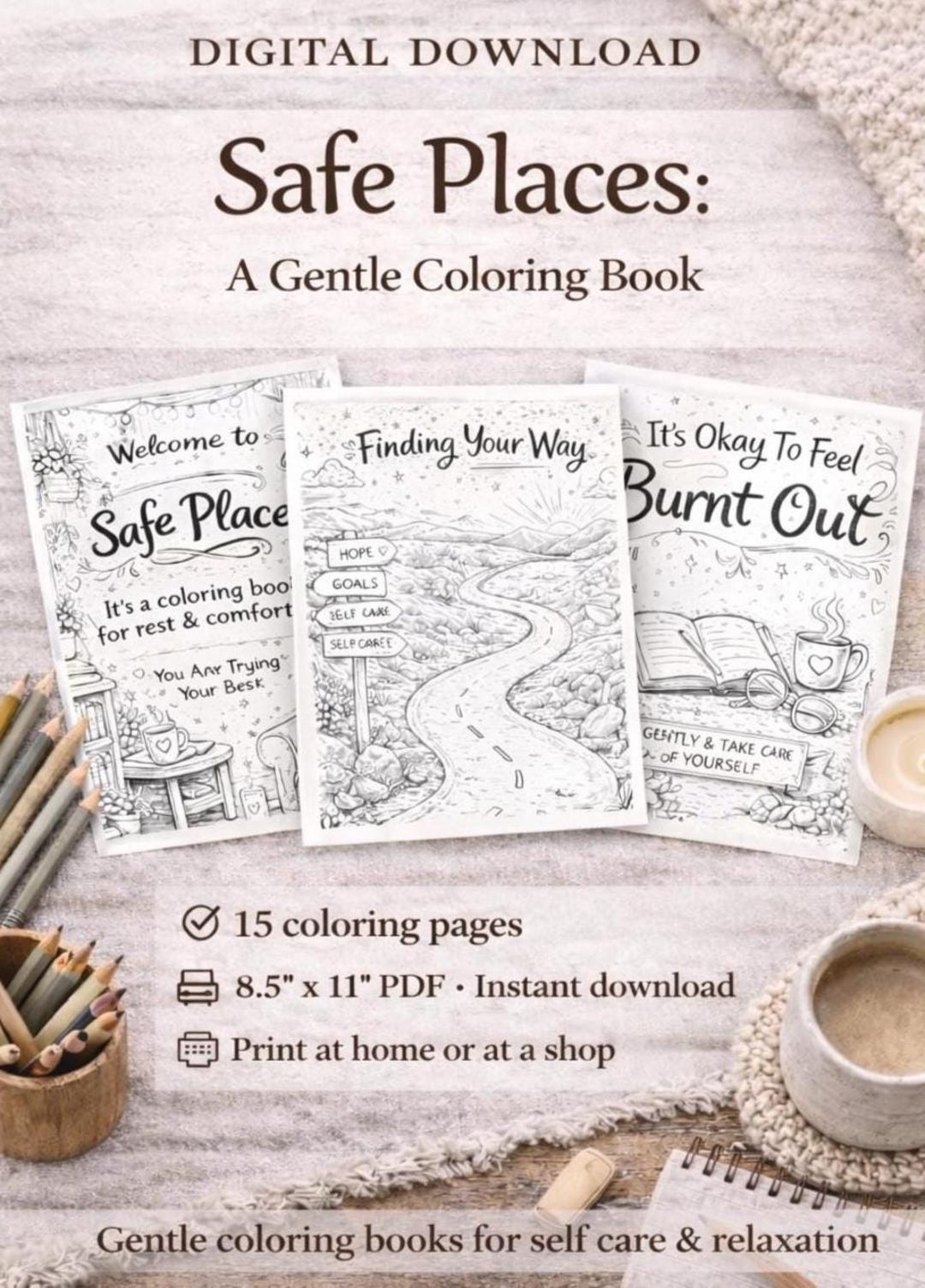 Safe Places Coloring Book | Gentle Mental Health Pages | Rest Comfort ...