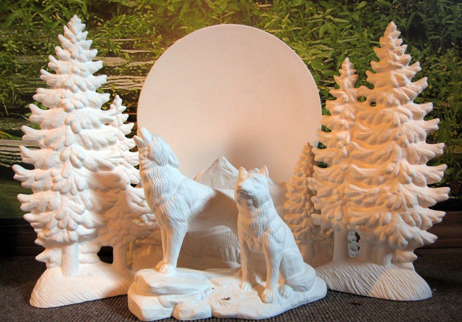 Ceramic Bisque You Paint, Large, Wolf Scene, Wolves Howling at moon ...