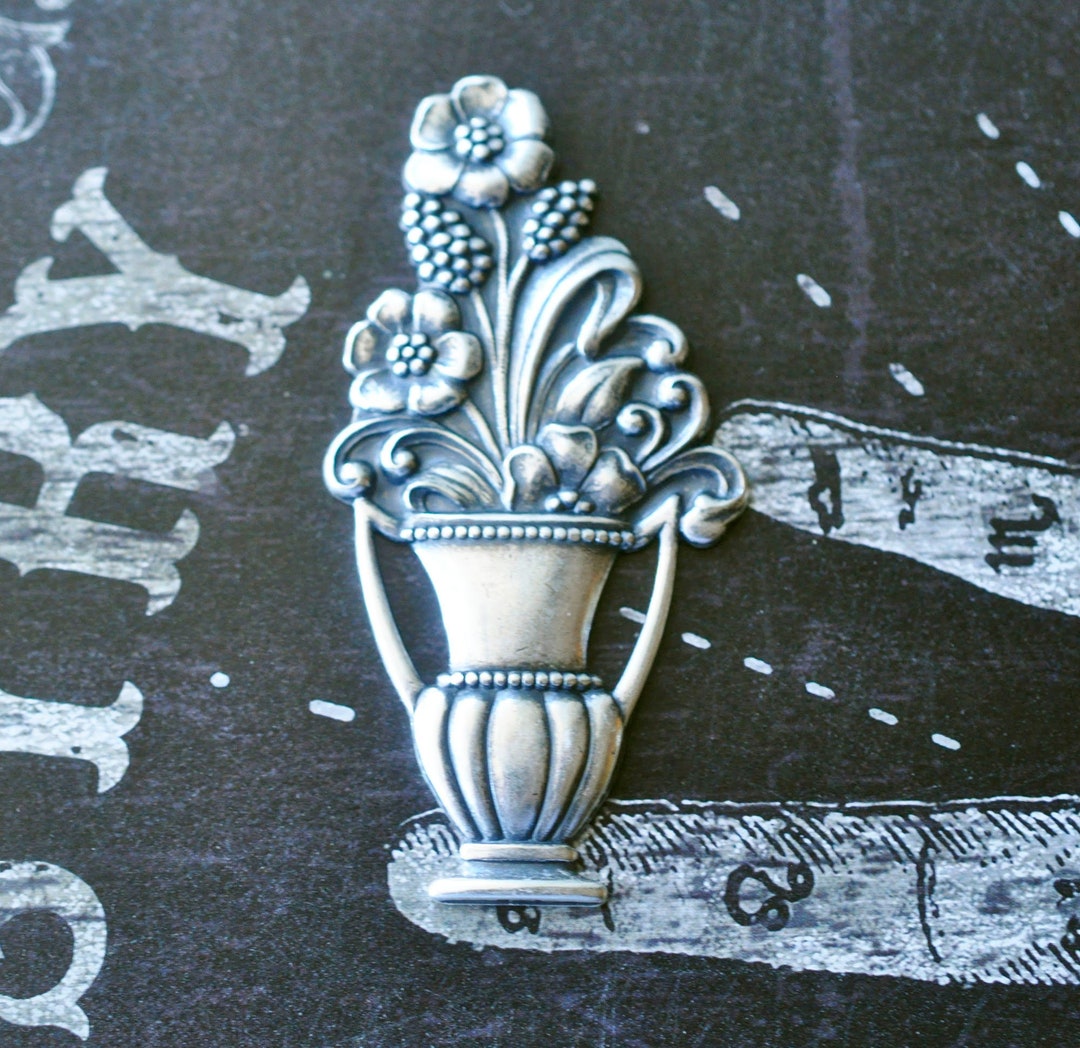 Neo Victorian Flower Pot, Brass Stamping, Sterling Silver Finish - Etsy