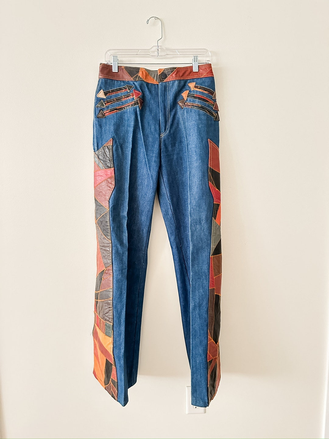 Vintage 1970'S Laura Denim and Leather Patchwork Wide Leg Jeans - Etsy