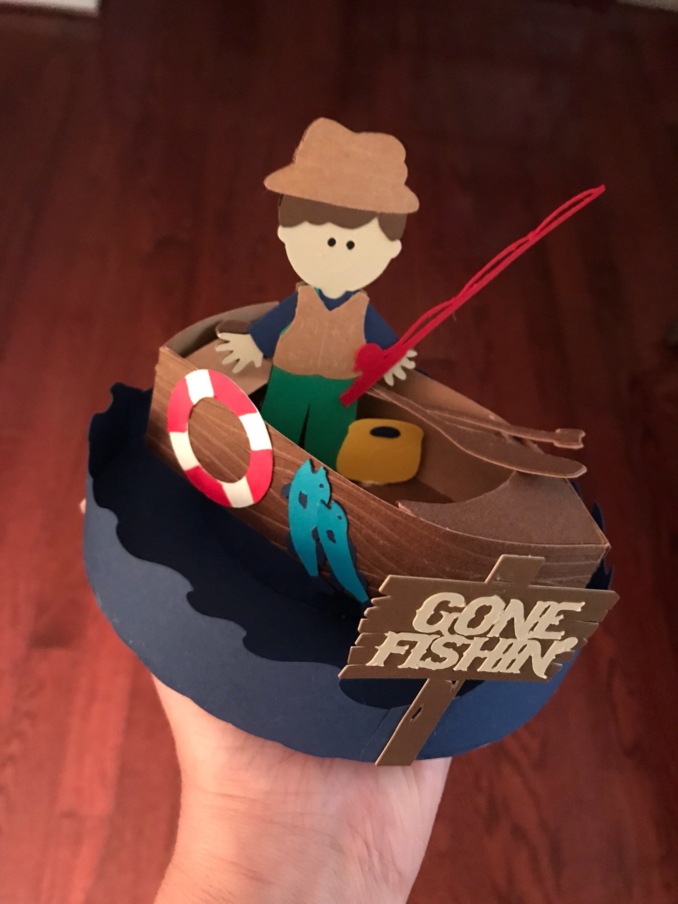 6 Round Gone Fishing Cake Topper Boat and Fishermen | Etsy