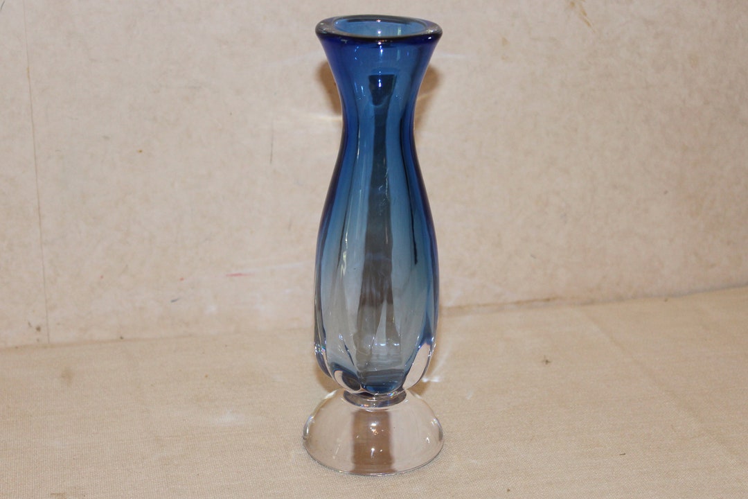 Vintage Art Glass Blue Vase Heavy Glass Clear Base - Etsy