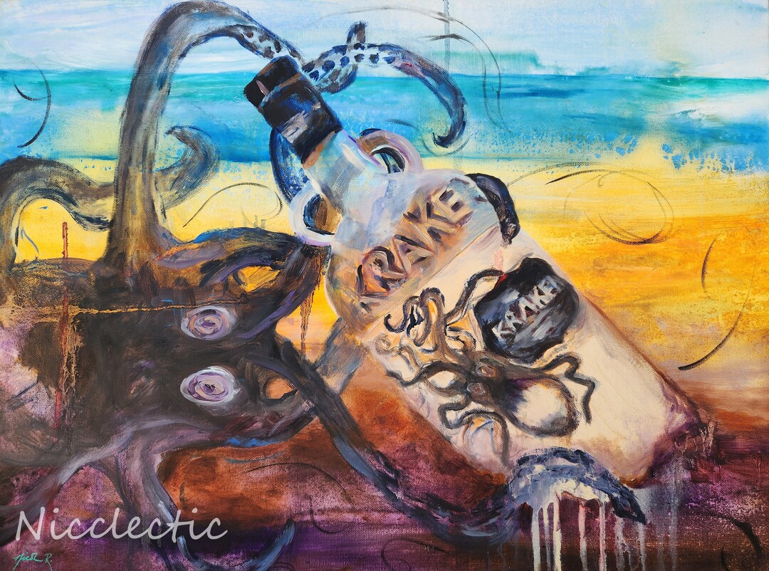 Kraken Rum Bottle Painting: Colorful Alcohol Art for Bar - Etsy