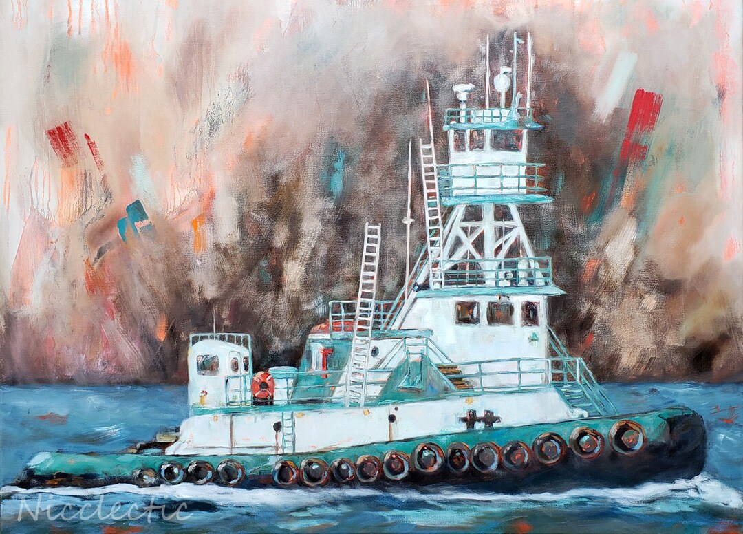Tugboat on the Hudson River, Green and White Large Boat Painting ...