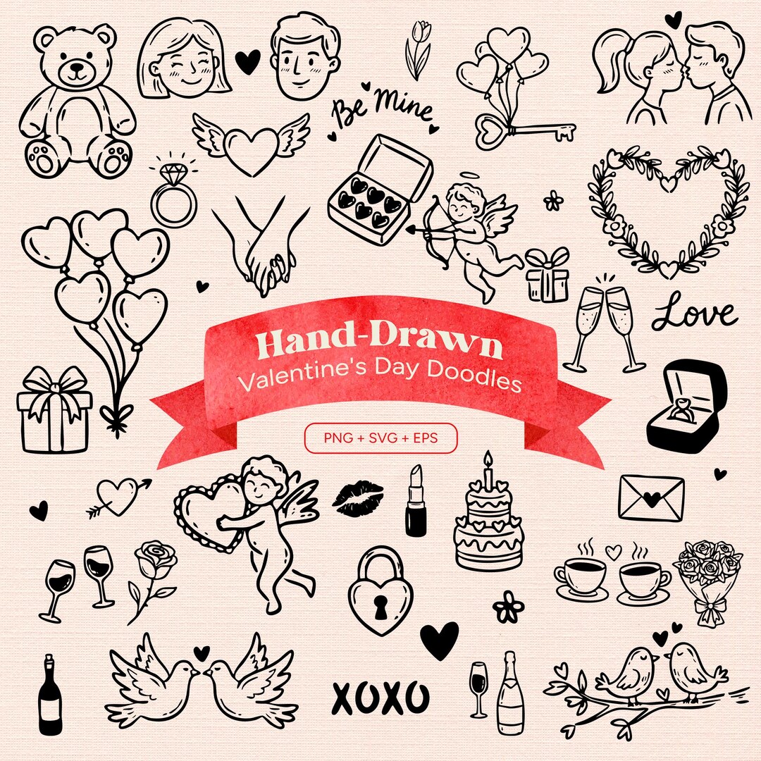 Hand-drawn Valentine's Day Doodle Clipart | SVG, EPS, PNG - Etsy