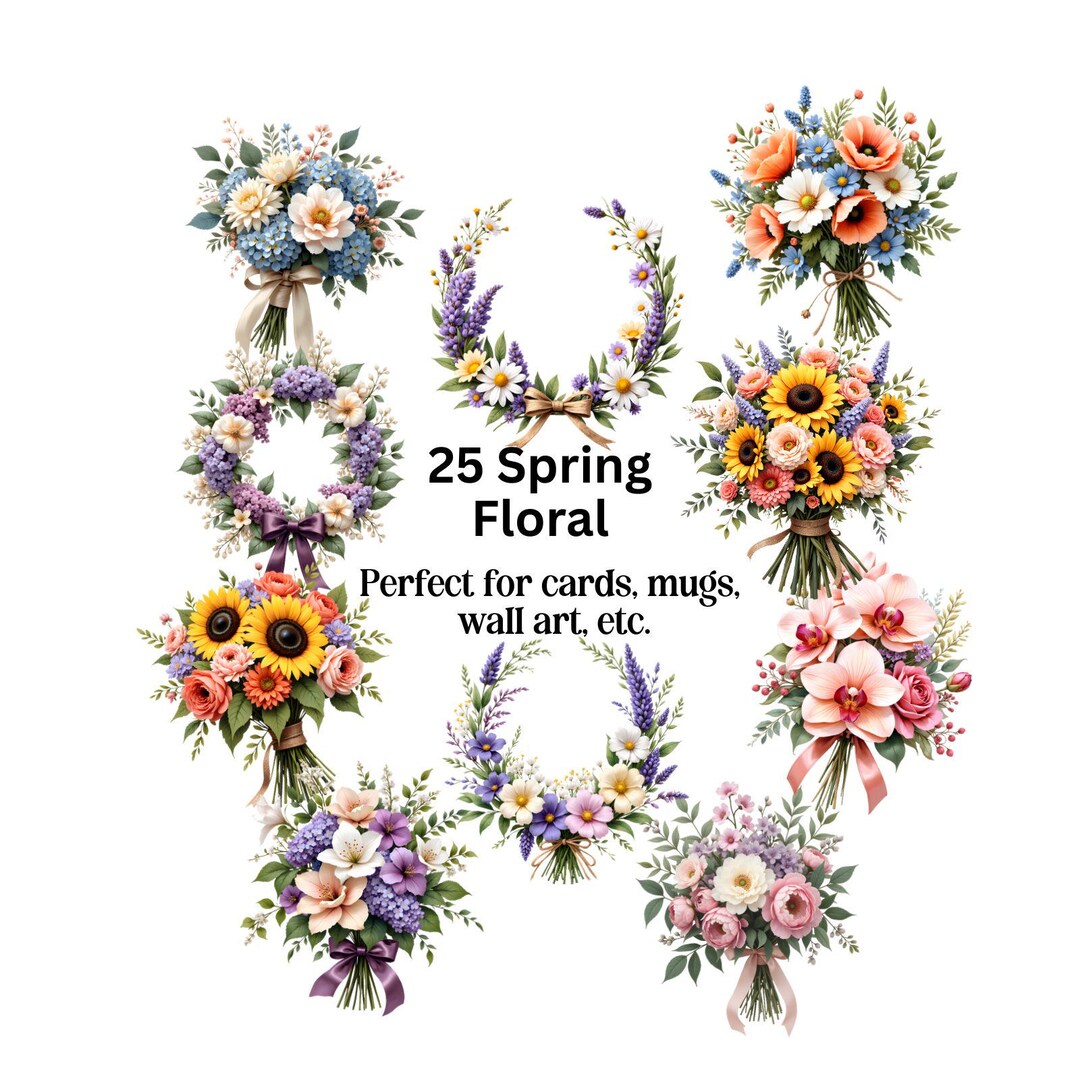 Spring Flowers Clipart, Floral Wreath, Flower Bouquets, Gift for Her ...