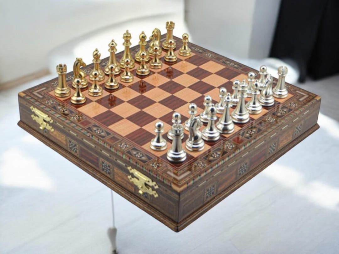 Large Classic Polished Metal Chess Set With Solid Wood Storage Board ...