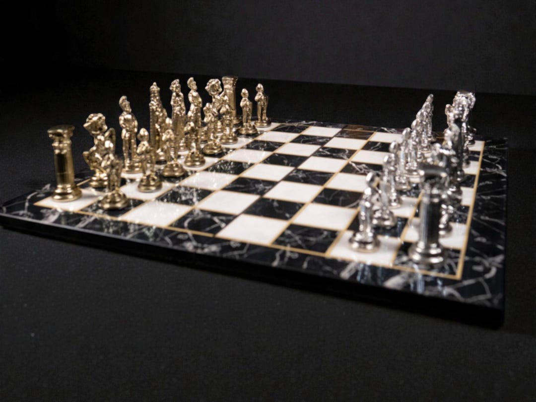 Large Metal English Chess Set With Folding Marble-pattern MDF Board ...
