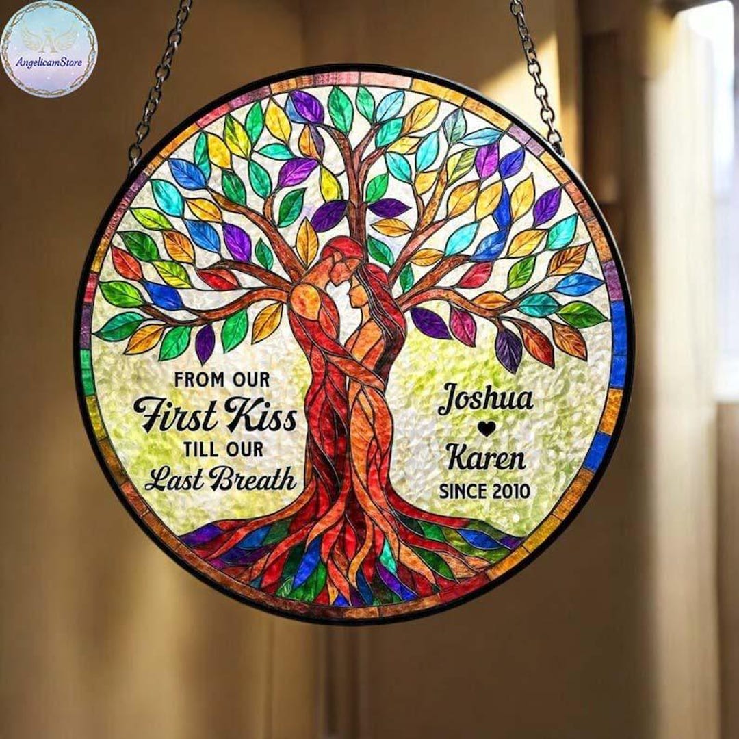 Personalized Tree of Love Stained Glass Suncatcher, Custom Names Quote ...