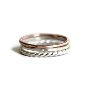 Set of Three Sterling Silver and Rose Gold Stacking Rings, Silver Twist ...