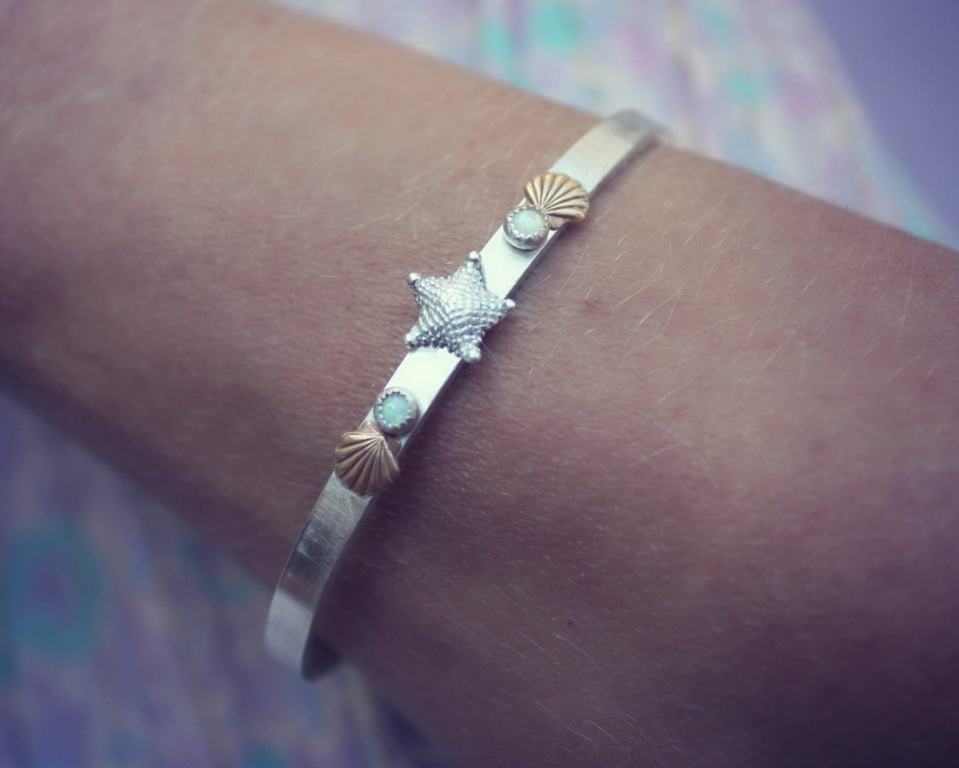Mermaid Opal Bracelet, Shell Bracelet, Starfish Cuff, Sterling Silver ...