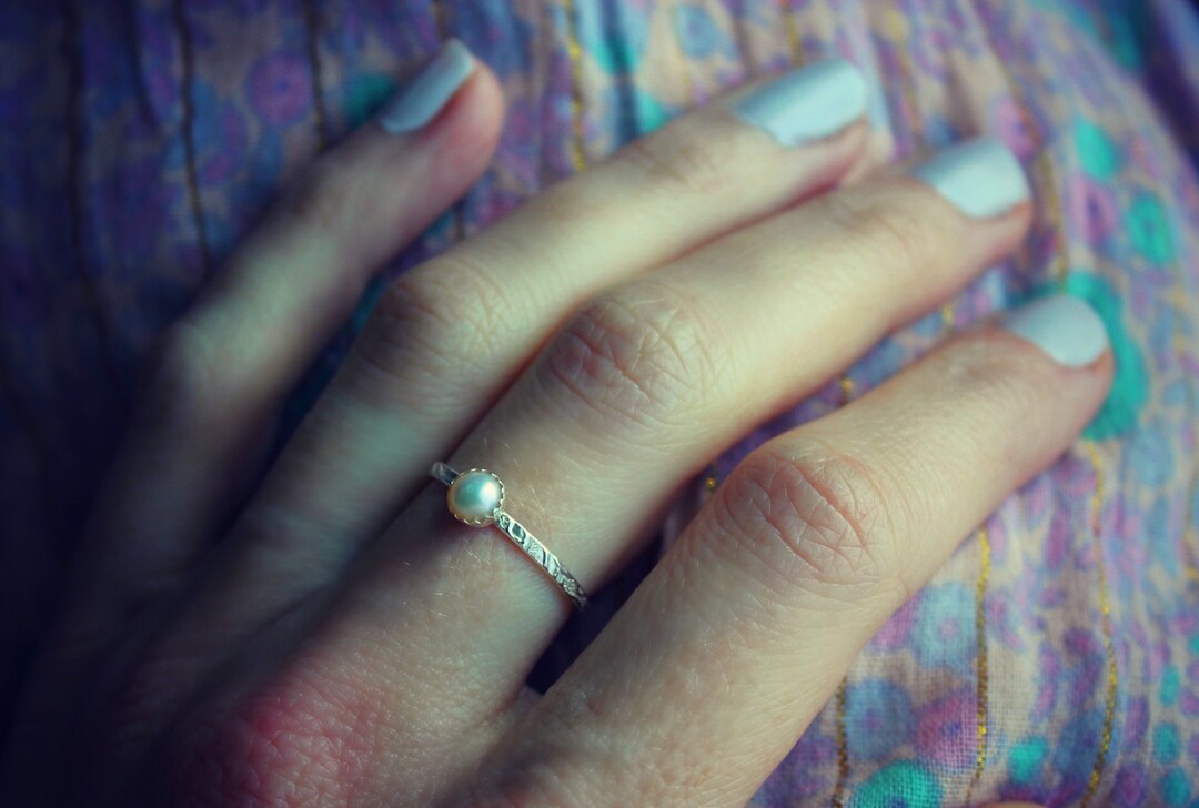 Pearl Ring, Sterling Silver Ring, Patterned Stacking Ring, Midi Ring ...