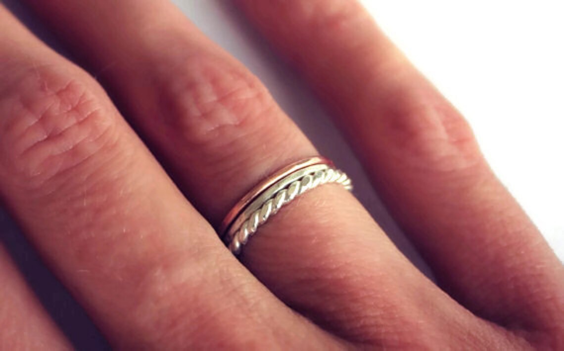 Set of Three Sterling Silver and Rose Gold Stacking Rings - Etsy