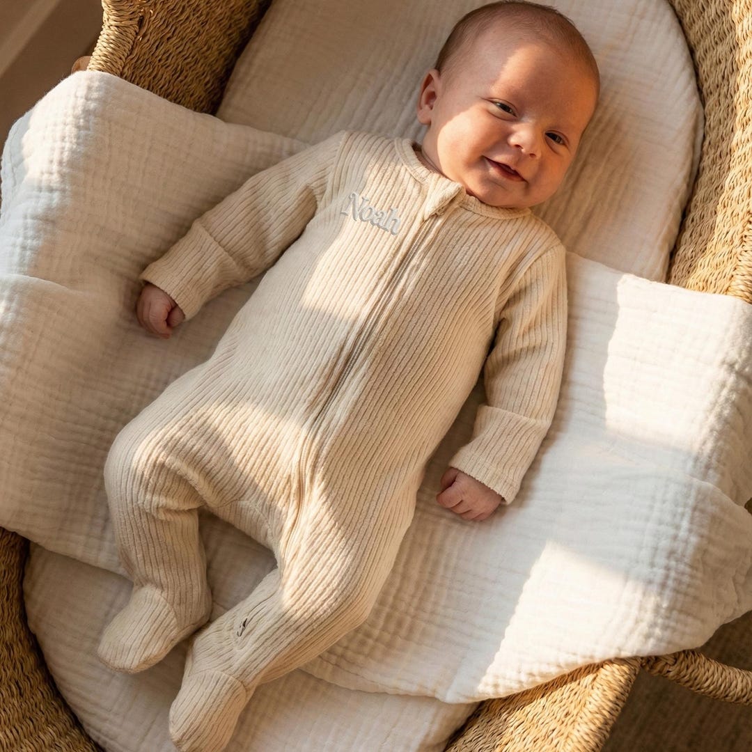 Neutral Beige Baby Sleeper, Apricot Ribbed Footie, Personalized Newborn ...