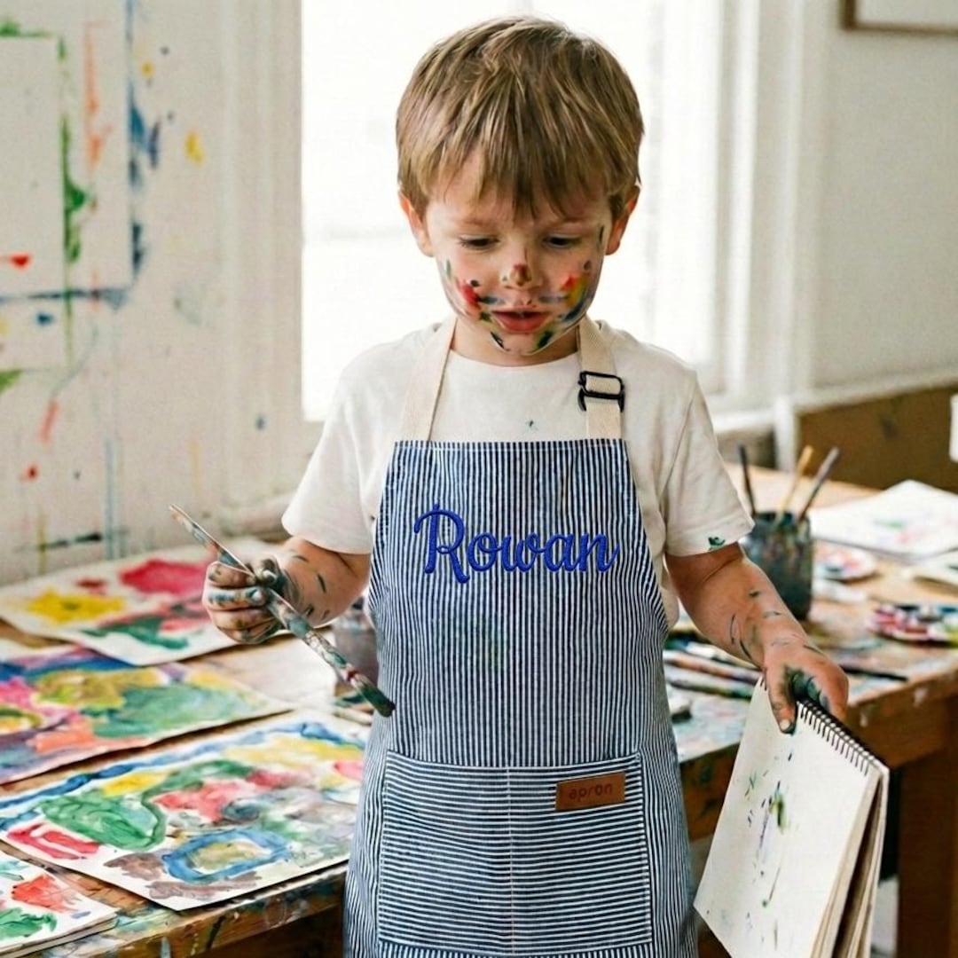 Heavy Duty Kids Apron Black Wide Stripe Canvas Pottery Smock ...