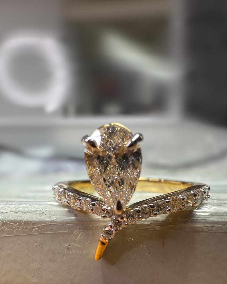 Pear Cut Split Shank Lab Diamond Ring , Engagement Ring , 18K Gold ...